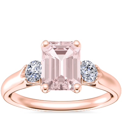 Classic Three Stone Engagement Ring With Emerald Cut Morganite In 18k