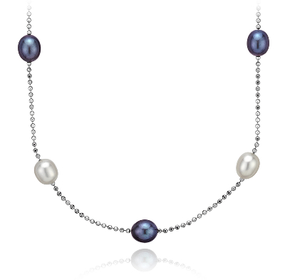 Black And White Freshwater Cultured Pearl Necklace In Sterling Silver