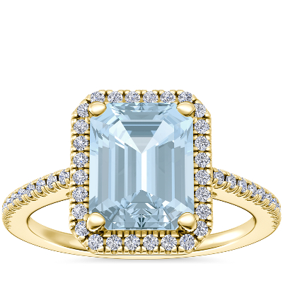 Classic Halo Diamond Engagement Ring With Emerald Cut Aquamarine In 14k