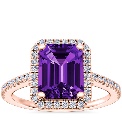 Classic Halo Diamond Engagement Ring With Emerald Cut Amethyst In 14k