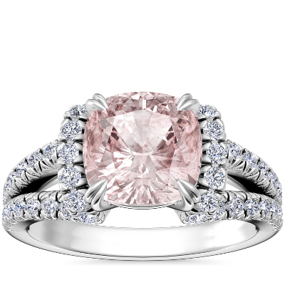 Split Semi Halo Diamond Engagement Ring With Cushion Morganite In