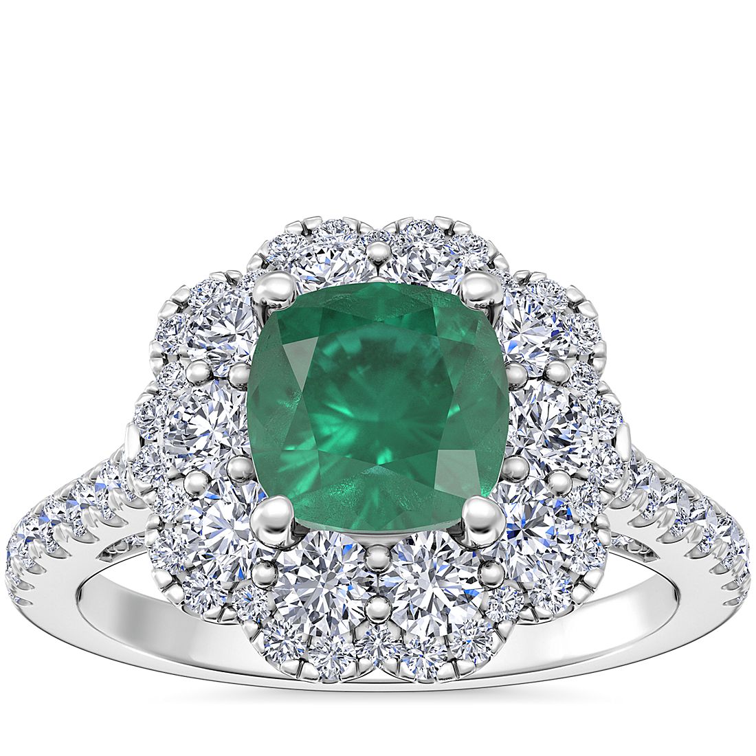 Vintage Diamond Halo Engagement Ring with Cushion Emerald in 14k White ... Vintage Diamond Halo Engagement Ring with Cushion Emerald in 14k White ...