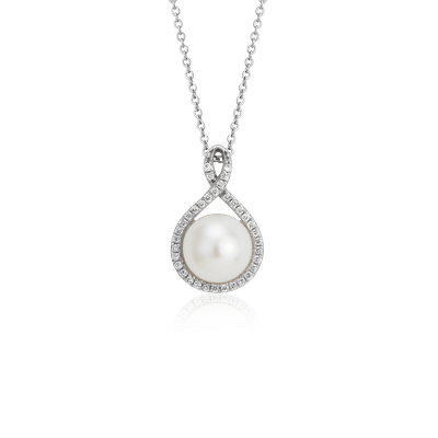 Freshwater Cultured Pearl Twisted Diamond Halo Pendant In 14k White