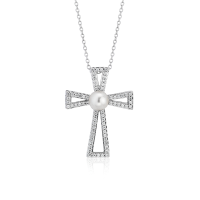 Freshwater Cultured Pearl And Diamond Cross Pendant In 14k White Gold