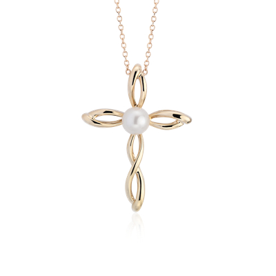 Freshwater Cultured Pearl Twist Cross Pendant In 14k Yellow Gold 5 5