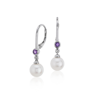 Freshwater Cultured Pearl And Amethyst Drop Earrings 14k White Gold 6