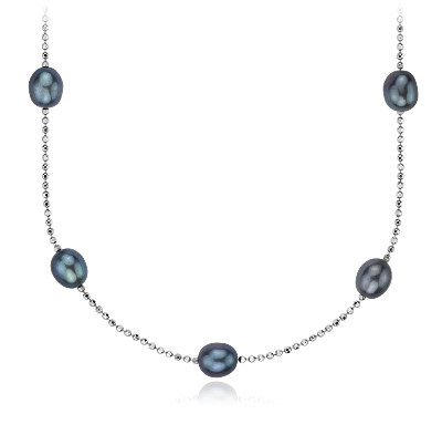 Black Freshwater Cultured Pearl Necklace In Sterling Silver 36