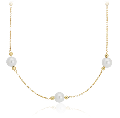Freshwater Cultured Pearl Stationed Necklace In 14k Yellow Gold 7 8mm