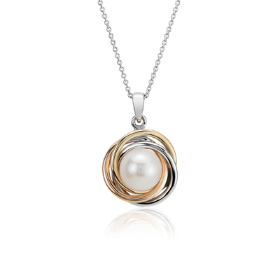Tri Color Love Knot Pendant With Freshwater Cultured Pearl In 14k White