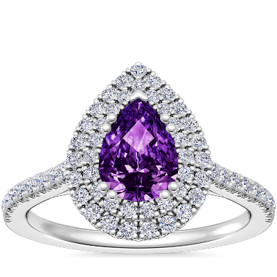 Micropavé Double Halo Diamond Engagement Ring With Pear Shaped Amethyst