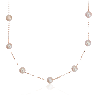 Pink Freshwater Cultured Pearl Tin Cup Stationed Necklace In 14k Rose