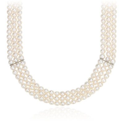 Triple Strand Freshwater Cultured Pearl Necklace In Sterling Silver 5