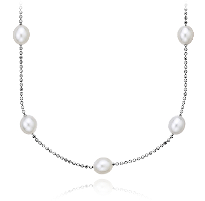 White Freshwater Cultured Pearl Necklace In Sterling Silver 18 Long